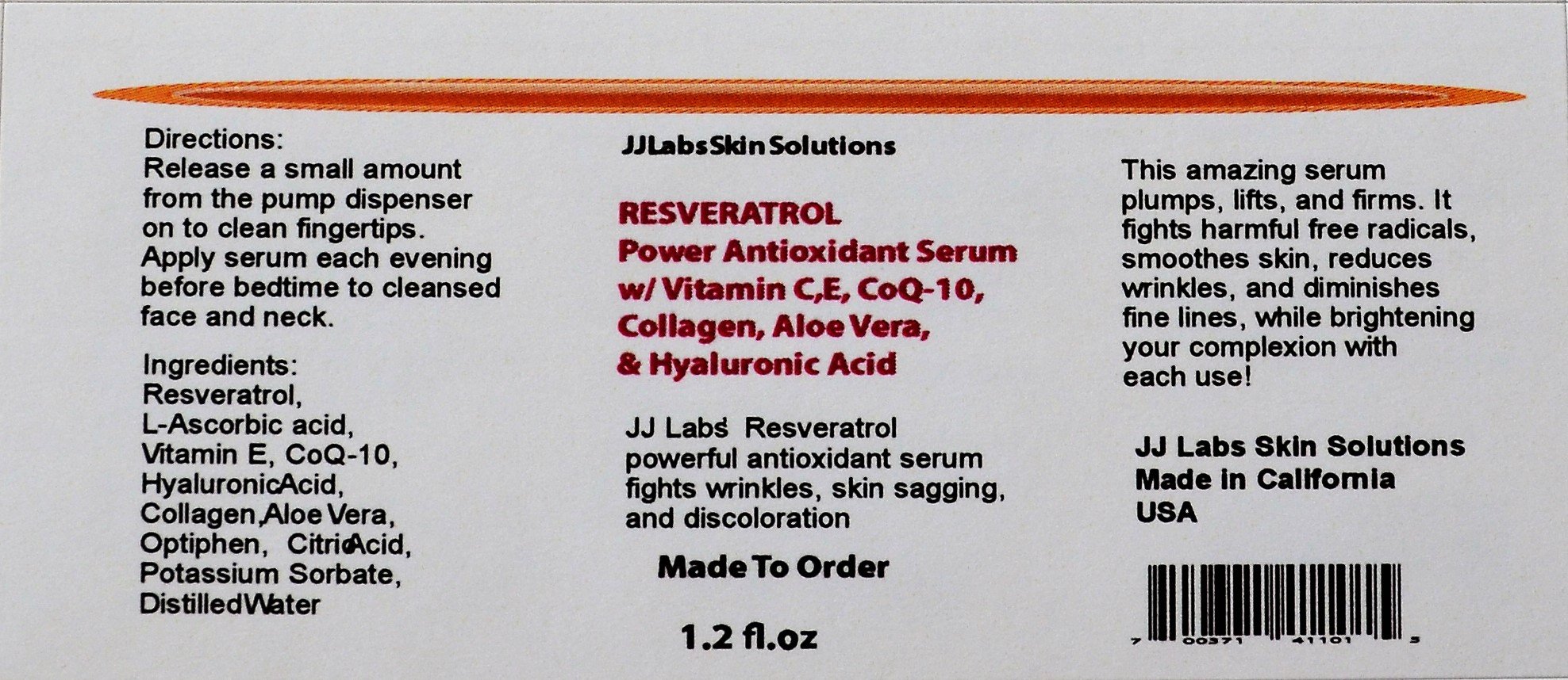 Resveratrol Antioxidant serum with Vitamins C and E, CoQ-10, Collagen, Aloe Vera, and pure Hyaluronic Acid (1.2 fl.oz)