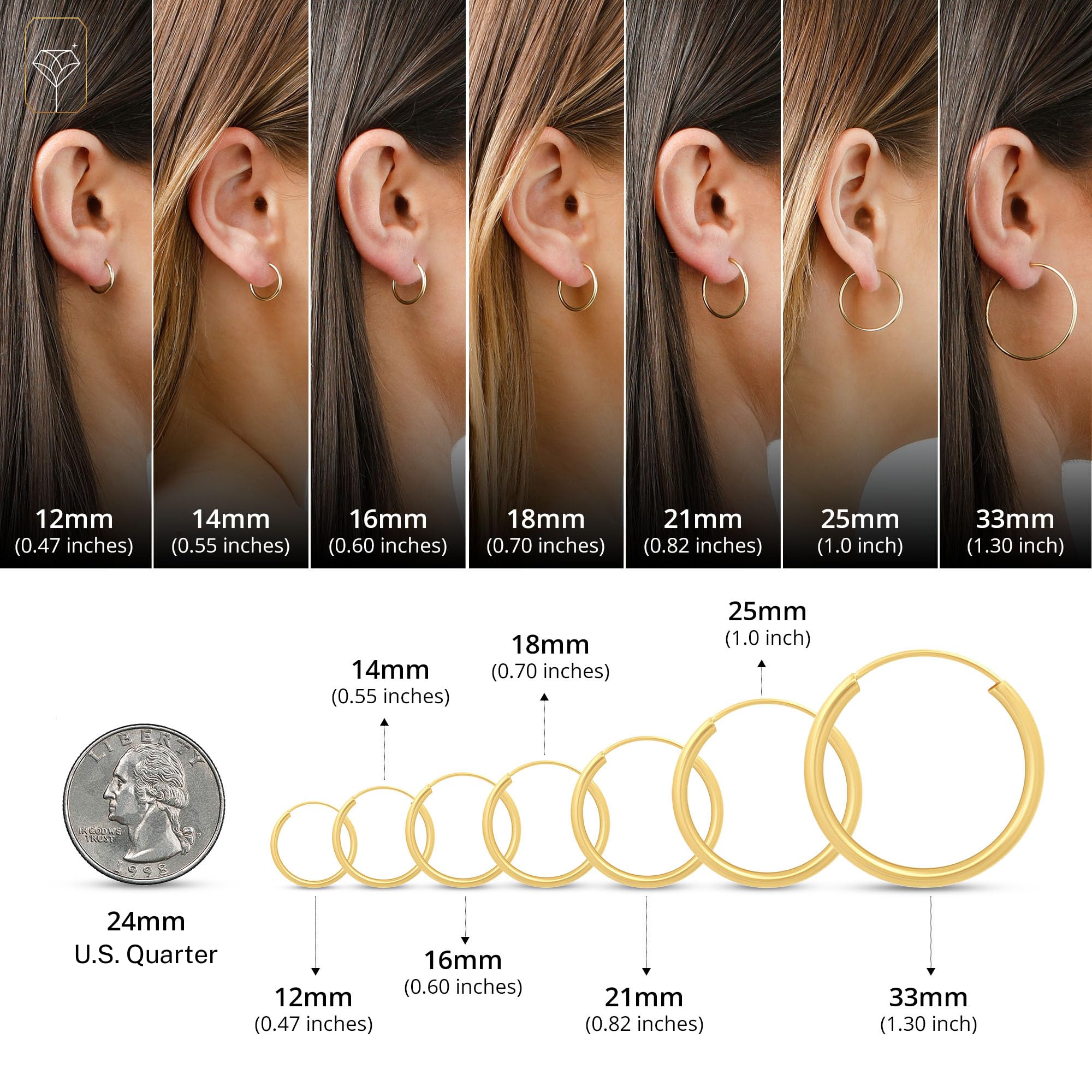 MAX + STONE Solid 14k Gold Hoop Earrings for Women | 1.5mm Tube, Flex Continuous 14mm (0.55 Inch) Diameter Small