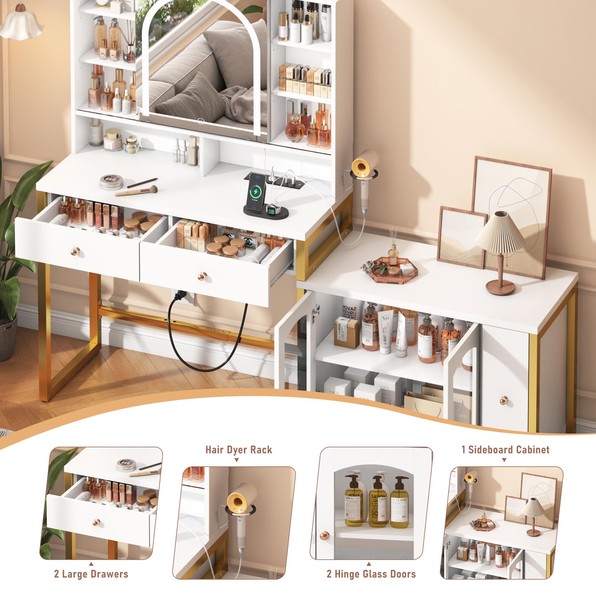 chartustriable 62" Large Vanity Desk with Mirror and Lights 3 Lighting Modes, Vanity Dresser with Charging Station and 2 Drawers, Modern LED Vanity with Storage Shelves for Bedroom, White