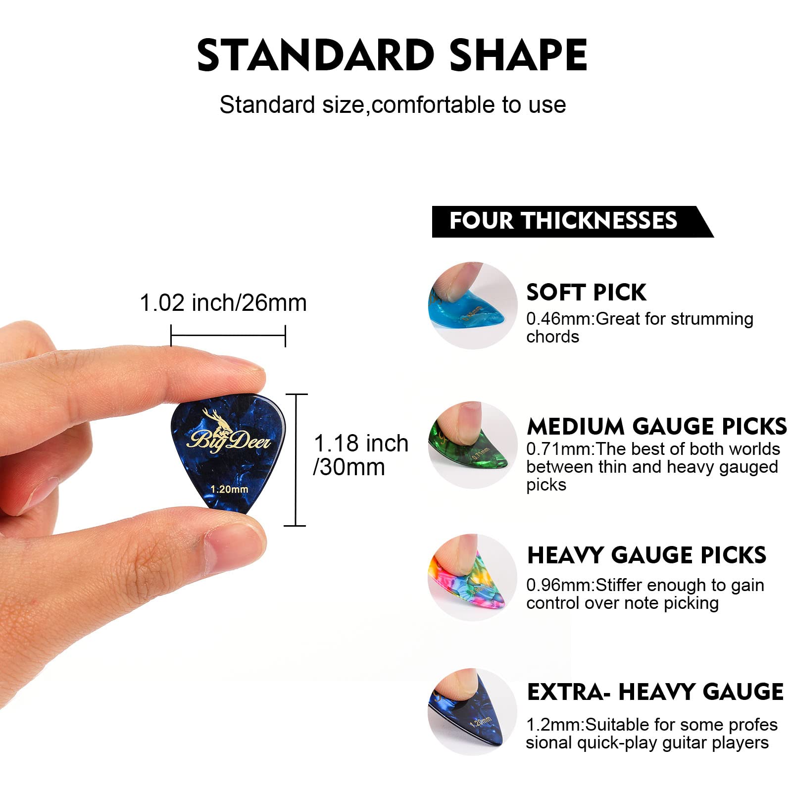 BigDeer 50 pack Celluloid Guitar Picks ,includes Thin,Medium, Heavy & Extra Heavy Picks Plectrums for Acoustic Guitar,Ukulele,Bass ,with 6 Guitar Selection Grips Silicone pad Wrapped in tin box