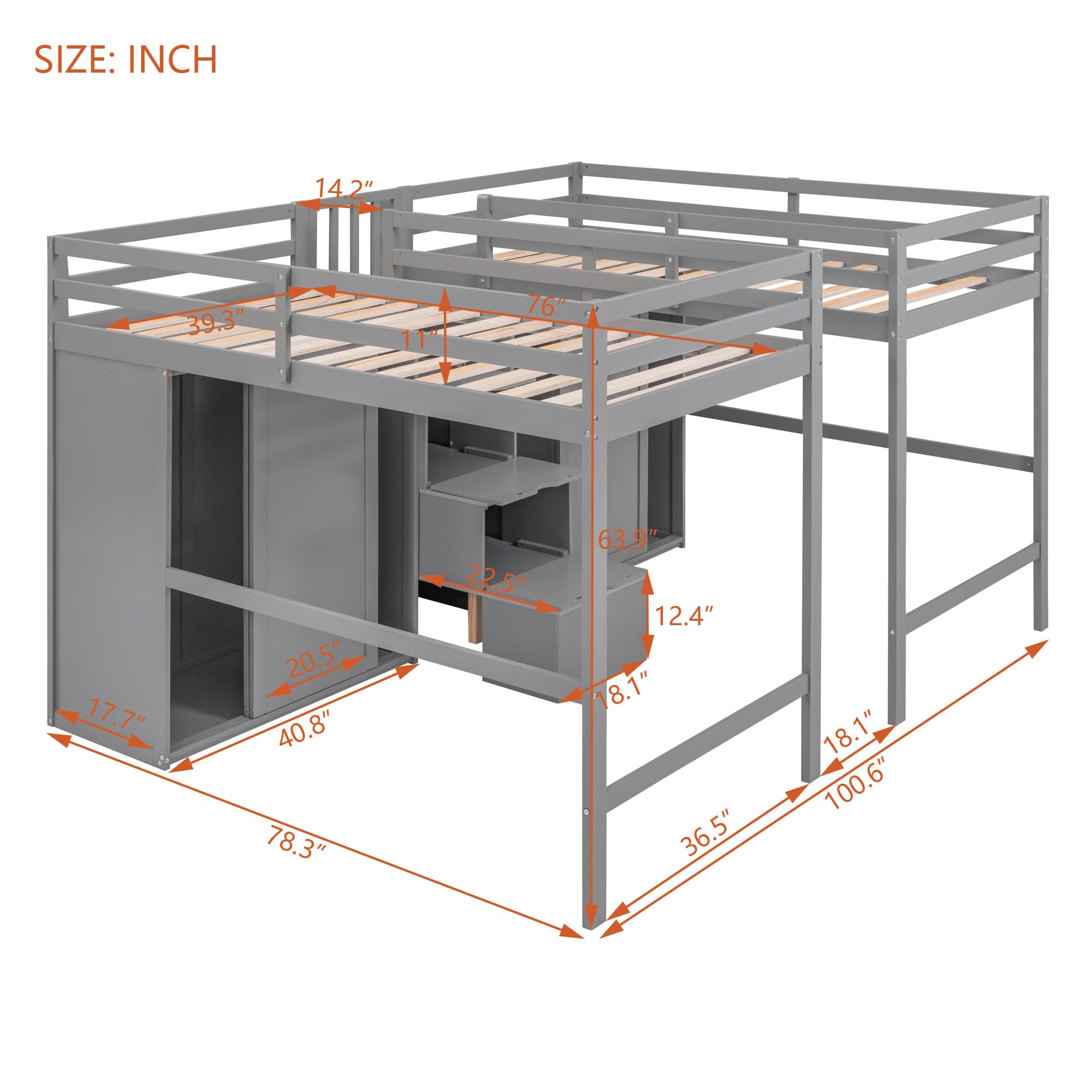 Double Loft Beds with Stairs and 2 Wardrobes, Twin Size Wood Loft Bed Frame with Large Storage Staircase and Closet for Two Kids Girls Boys Teens, No Box Spring Needed, Gray