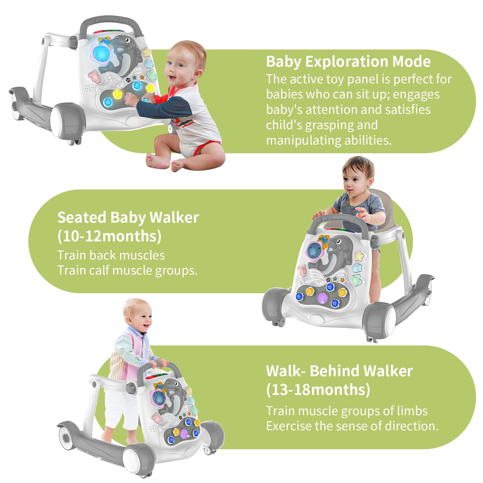 Baby Walker with Wheels, 2-in-1 Activity Walker Learning-Seated, Walk-Behind, Rich music game panel, Adjustable Height & Speed, Foldable Baby Walker for Boys and Girls from 6-18 Months with Footrest