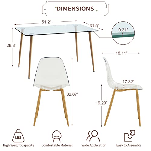 Glass Dining Table Set for 4, 51 inch Dining Table & Chair Sets with Light Wood Metal Legs for Kitchen, Modern Rectangle Tempered Glass Table Top and Transparent Plastic Dining Chair for Dining Room