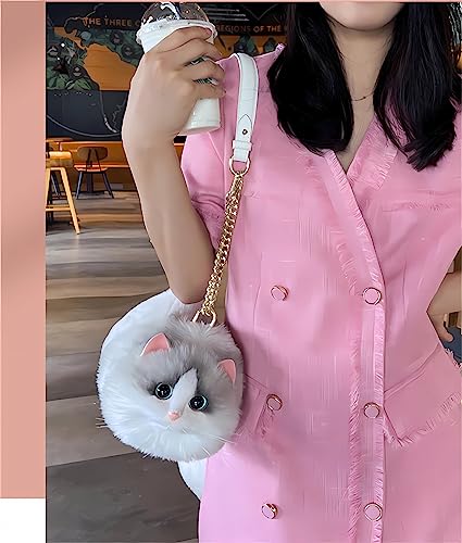 HUIJUFU Realistic Puffy Plush Cat Shaped Crossbody Handbag for Women(White gray)