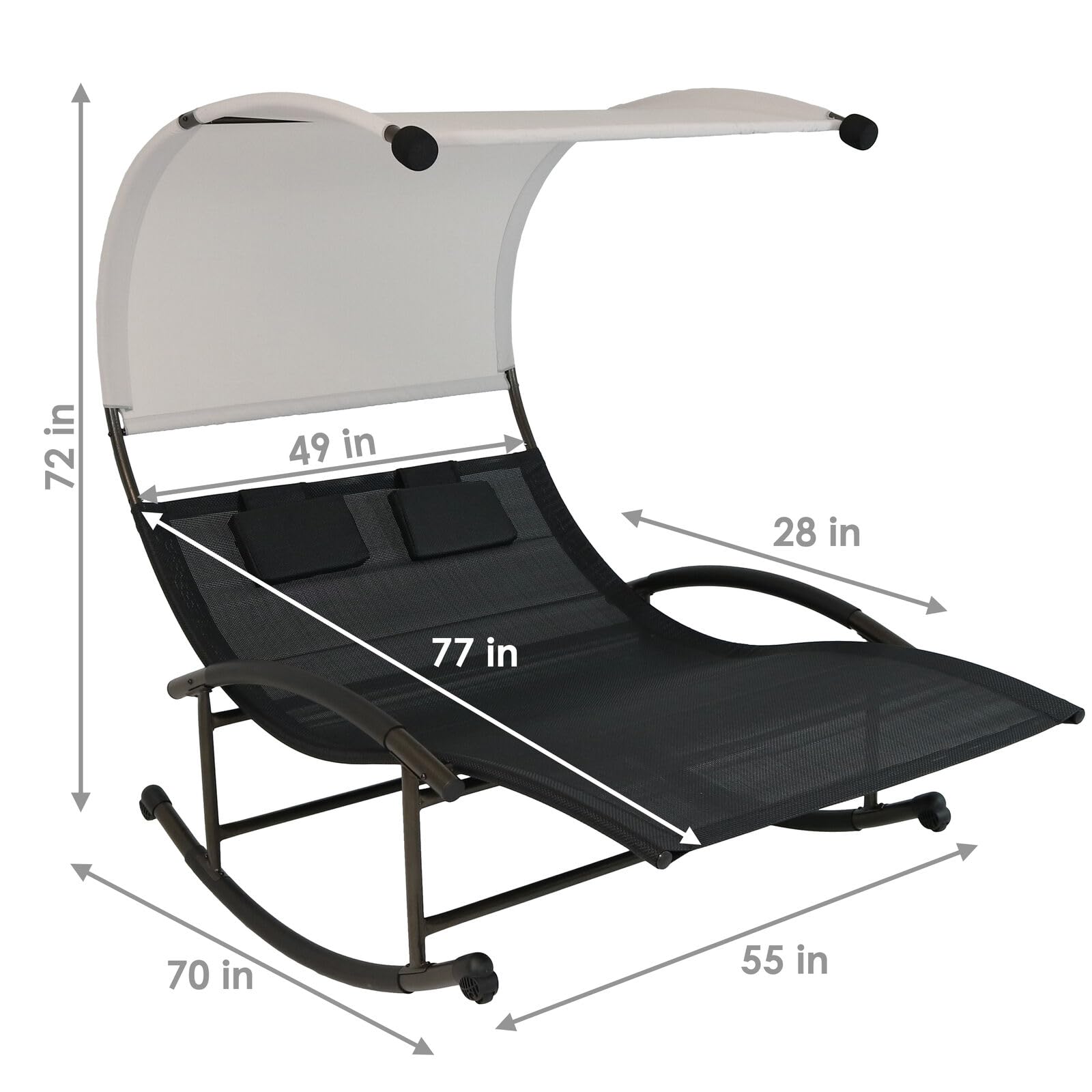 Double Rocking Chaise Lounge Bed with Canopy and Pillows - Black