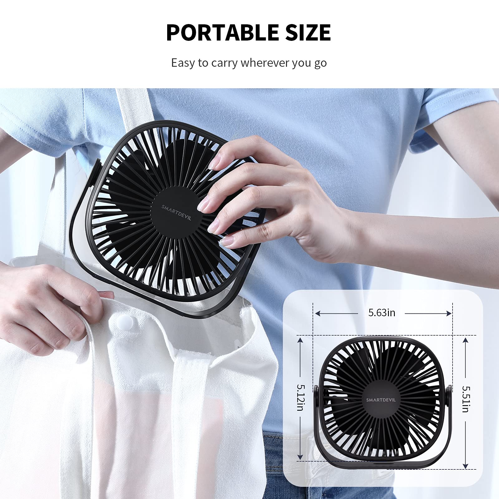 SMARTDEVIL Small Rechargeable Desk Fan, 3 Speeds 2000mAh Portable Personal Battery Operated Desktop Fan with Pasteable Hook, Dual 360° Adjustment Quiet Table Fan, for Home Office Outdoor (Black)