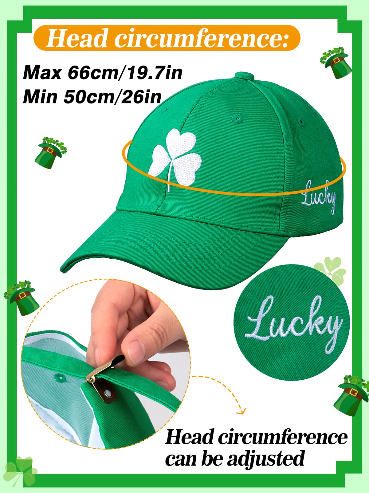 Biggun St. Patrick's Day Hat - Adjustable Cotton Lucky Baseball Cap with Embroidery White Shamrock, Green Caps Accessories for Men Women Adults Children