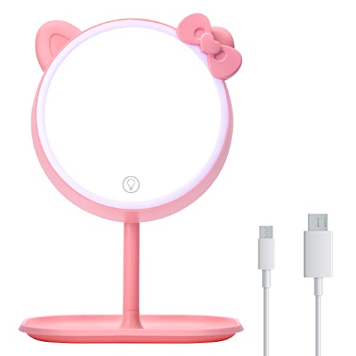 HMBDKL Makeup Mirror with LED Light 7'' Desk Cosmetic Mirror Rechargeable, Touch Sensor Make Up Table Mirror with 3 Colors Lighting for Office, Travel, Bedroom, Bathroom