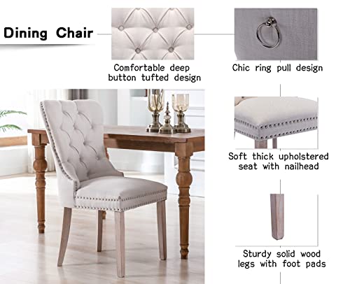 chairus Dining Chairs Set of 2 with Tufted High Back Retro Linen Fabric Upholstered Dining Room Chairs Side Chairs Rustic White Wood Legs Nailhead Trim Ring Pull- Beige 2PCS