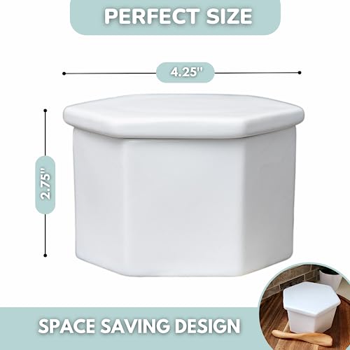 French Butter Crock w/Lid & Wood Spreading Knife - White Modern Butter Keeper for Counter - Modern Hexagon Shape Butter Dish - Stoneware Butter Crock - Dishwasher Safe Butter Storage