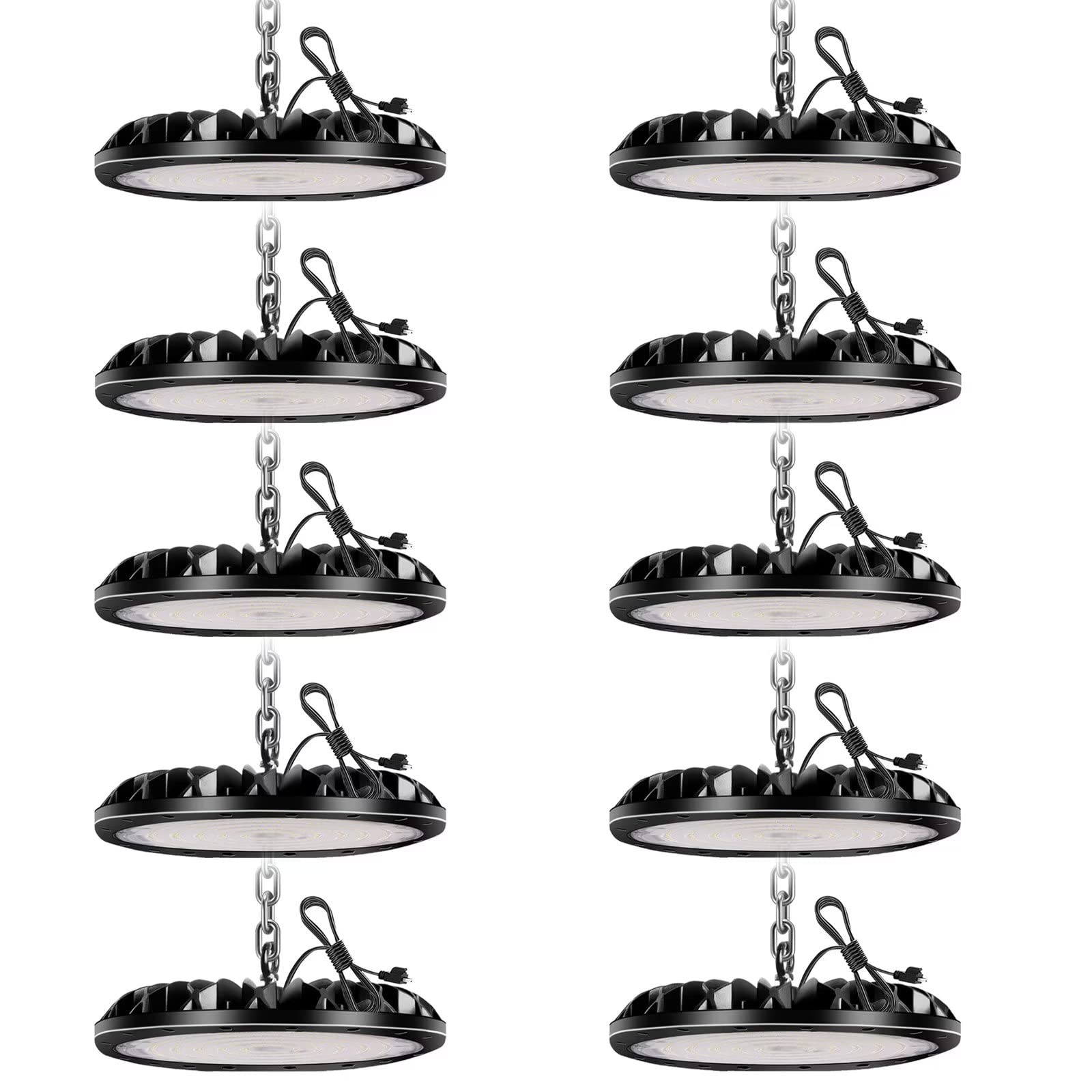 Royana 10 Pack 300W LED High Bay Light, 110V LED Shop Lights, 6000K 30000LM UFO Warehouse Light, with 4ft Cable US Plug, Hook Mount, Garage, Factory, Warehouse, Workshop, Area Light