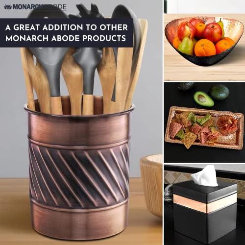 Monarch Abode Handcrafted Wave Embossed Large Metal Kitchen Countertop Utensil Holder Crock Caddy, Antique Copper Finish