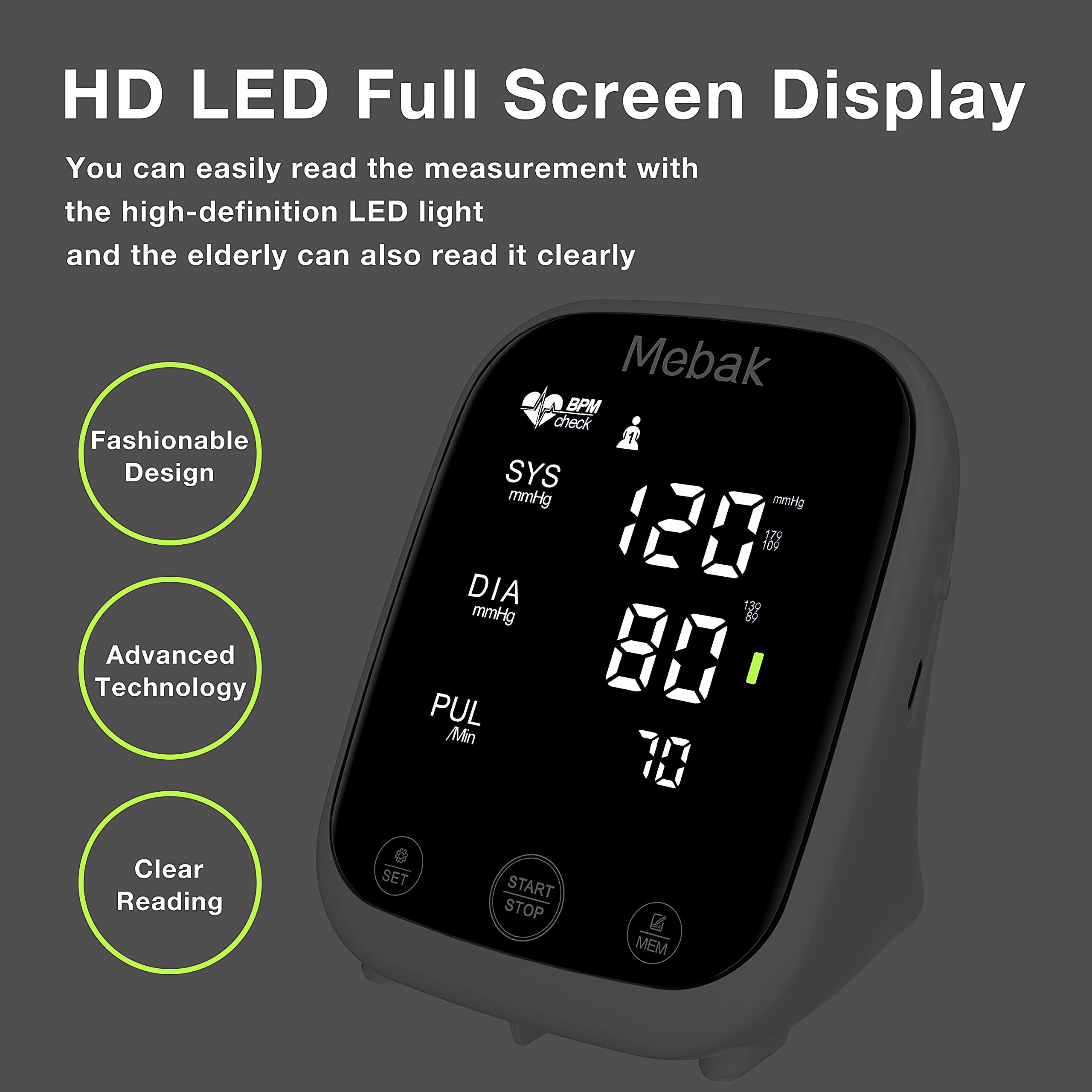 Blood Pressure Monitor Upper Arm, Mebak Automatic Digital BP Machine Cuffs for Home Use, Pulse Rate Monitoring with Large Display, 2x120 Memory