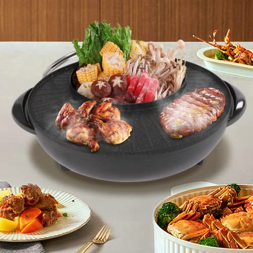 Circular Hotpot Grill Combo, 2in1 Electric Grill and Hot Pot, Portable Hot Pot with Divider, Multifunctional Indoor Teppanyaki Grill/Korean BBQ/Shabu Shabu Hot Pot, 5 Gear Adjustable for 3-5 People