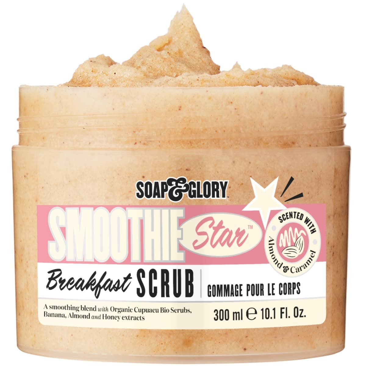 Soap & Glory Smoothie Star Exfoliating Breakfast Body Scrub - Buff & Smooth - Almond & Caramel Scented Body Polish - Brightening Scrub with Honey Extract + Sweet Almond Oil (300ml)
