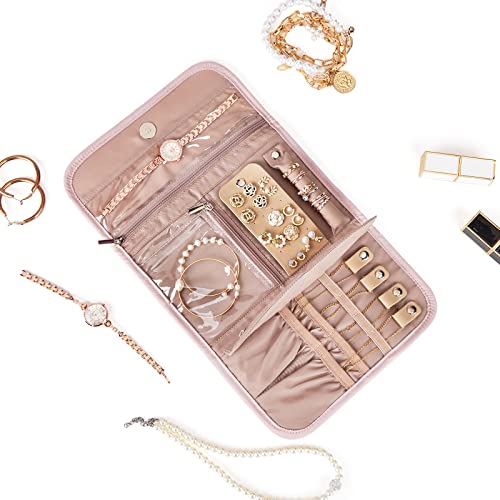 BELALIFE Travel Jewelry Case Organizer, Foldable Jewelry Storage Roll for Earrings, Necklaces, Rings, Bracelets, Brooches, Pink