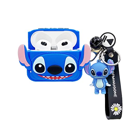 Cute Stitch Backpack Case for Airpod 3rd Generation, Soft Silicone Airpod 3 Charging Case with Lanyard Keychain Fashion Funny Cartoon Shoulder Bag Protective Design Skin for Girls Women Airpod 3 case