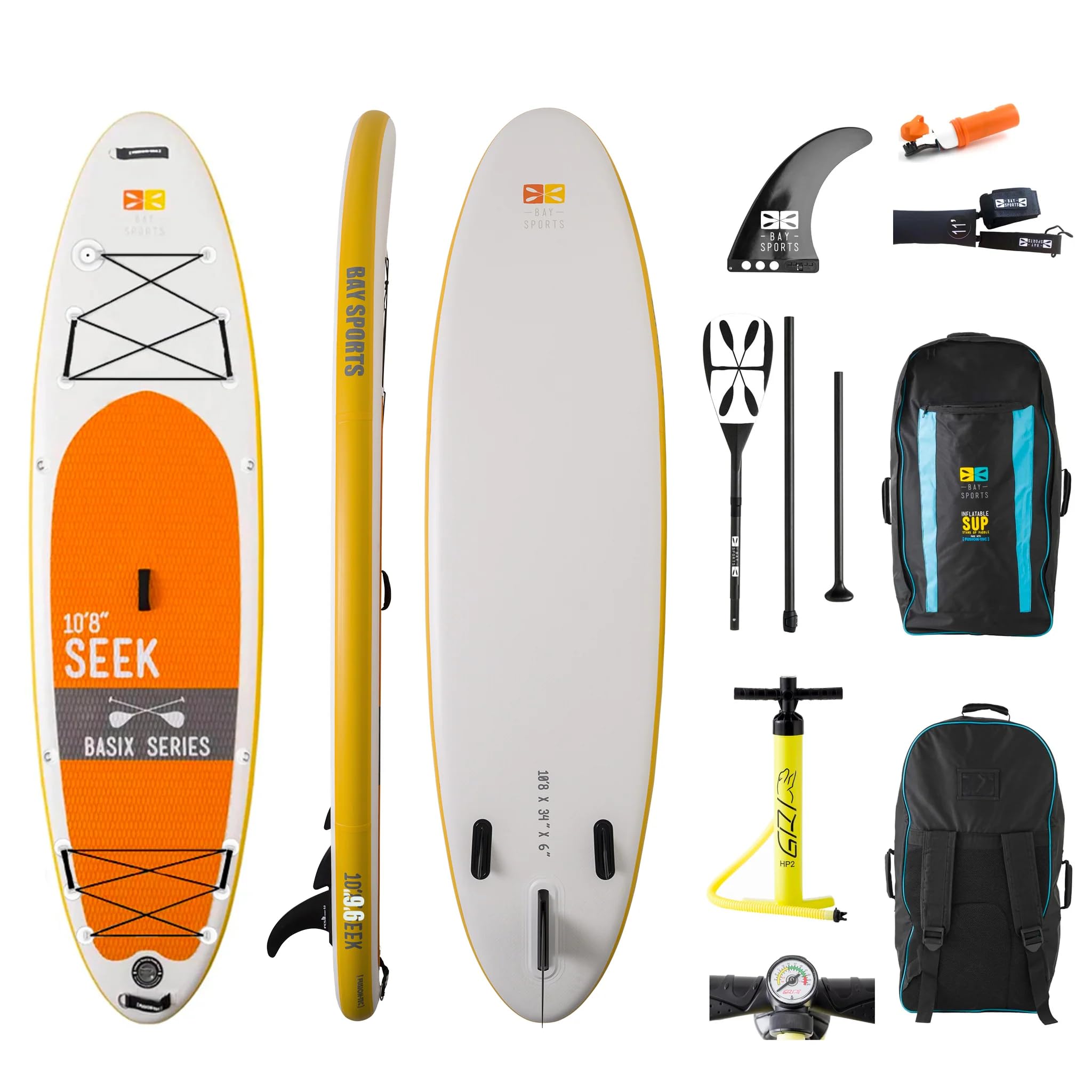 Bay Sports 10'8' Inflatable SUP Board Basix Series iSUP with Performance Fibreglass 3-Piece Adjustable Paddle and 9" Click-in Centre Fin - Designed in Australia (Navy/Turquoise)