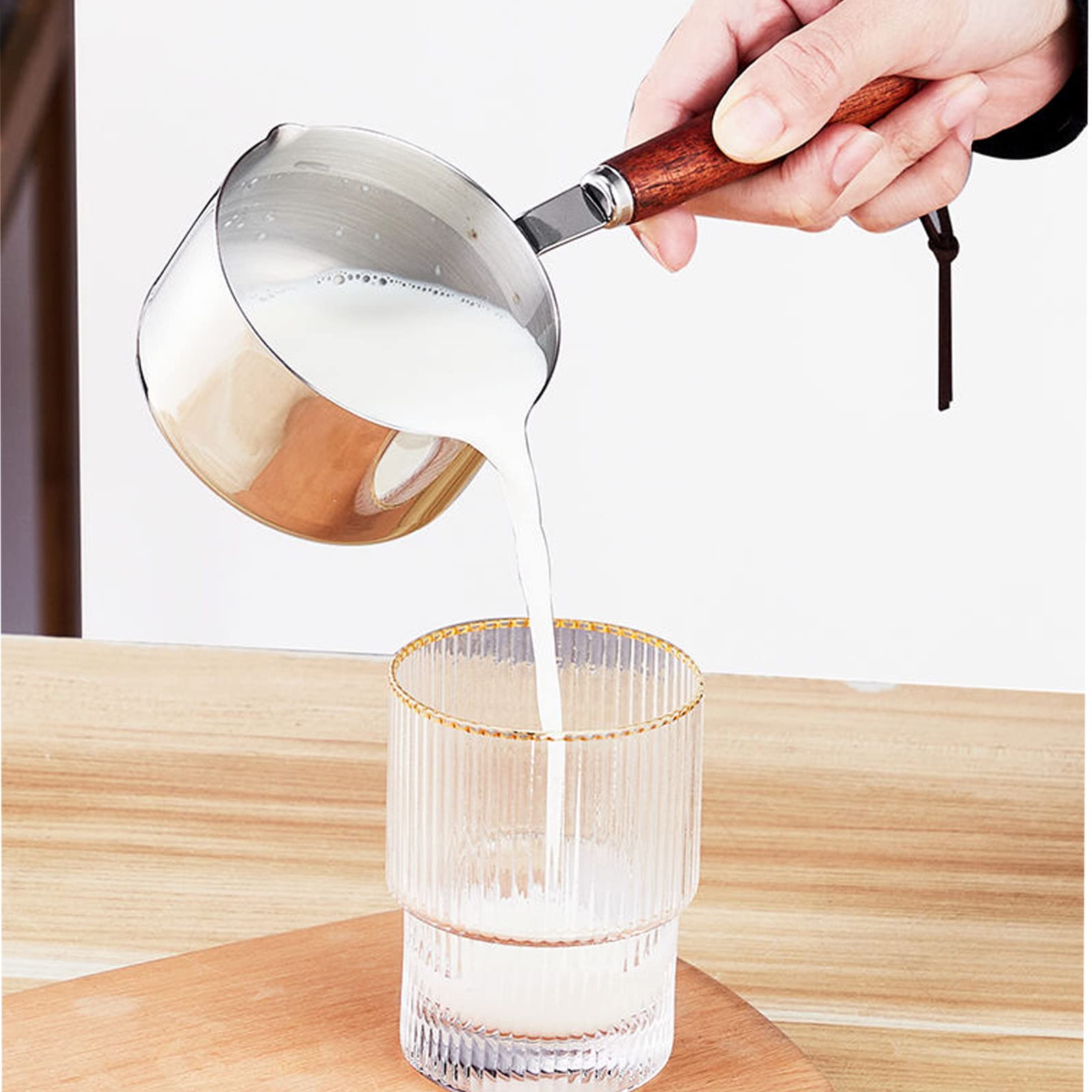 Butter warmer, Stainless Steel Turkish Coffee Pot, Milk Warmer, Chocolate Melting Pot, Small Saucepan with Heat Resistand Wooden Handle and Dual Pour Spout(8.45OZ/ 250ML)