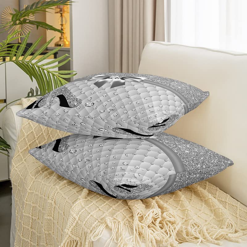 Glitter Diamond Reversible Throw Pillow Covers Pastel Grey Square Cushion Covers Set of 1 for Kids High Heels Pillow Covers Home Decor Dreamy 18 x 18-Inch