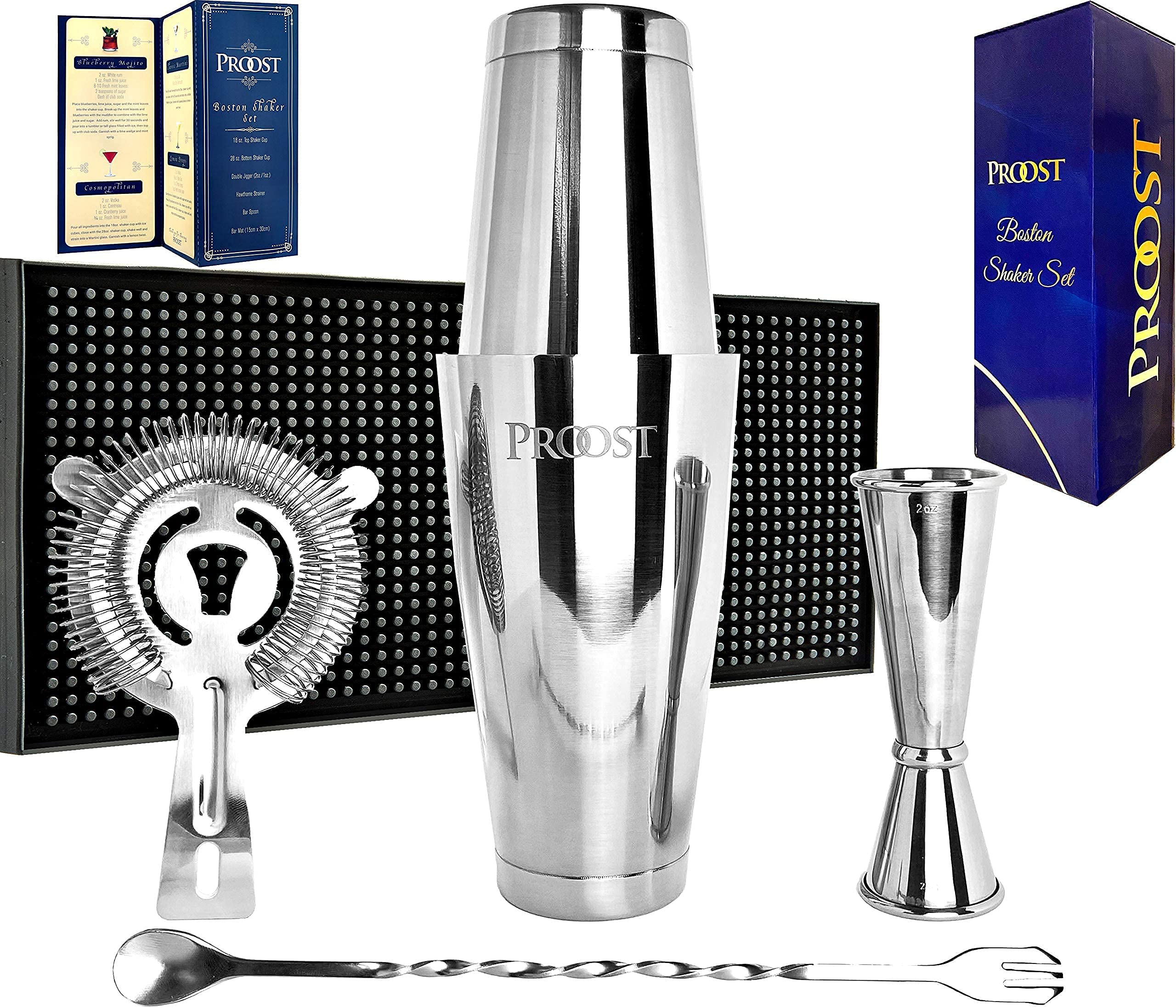 Boston Shaker Set with Bar Mat, Cocktail Shaker Set - Bartender Kit, Perfect Bar Set for Home Bar with Essential Bar Tools