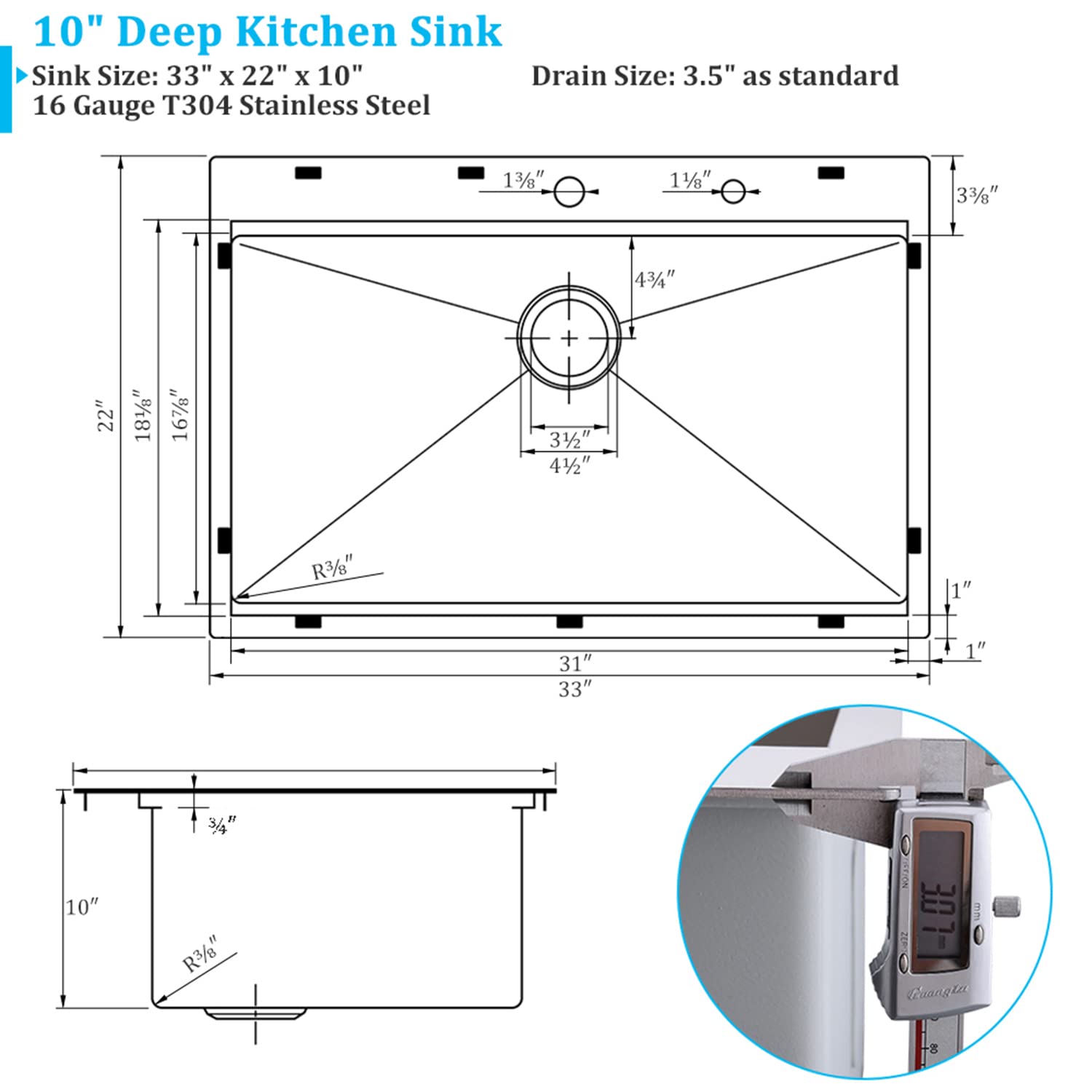 BoomHoze 33-inch Kitchen Sinks, 33x22 Drop In Kitchen Sink 304 Stainless Steel Sink Single Bowl Top Mount Workstation Kitchen Sink 16 Gauge Handmade Deep Kitchen Sink with Cutting Board