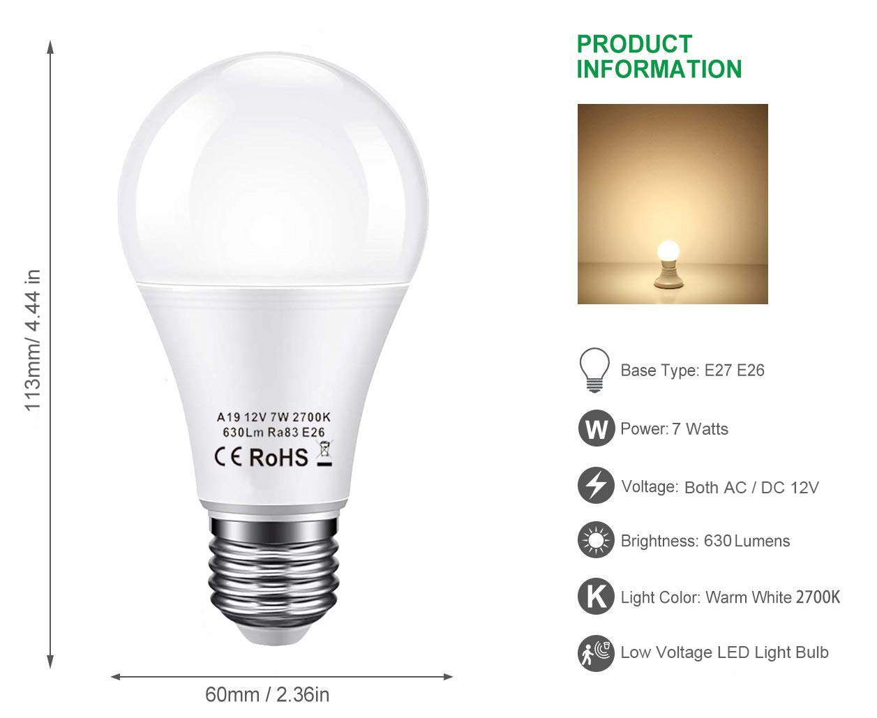 BAYSHE 12V LED Light Bulb 60Watt Equivalen E26 7W 630Lm 12 Volt Low Voltage Lights AC/DC 11-18V A19-12volt RV Marine Boat Landscape Lighting- 6 Pack(2700K Warm White)
