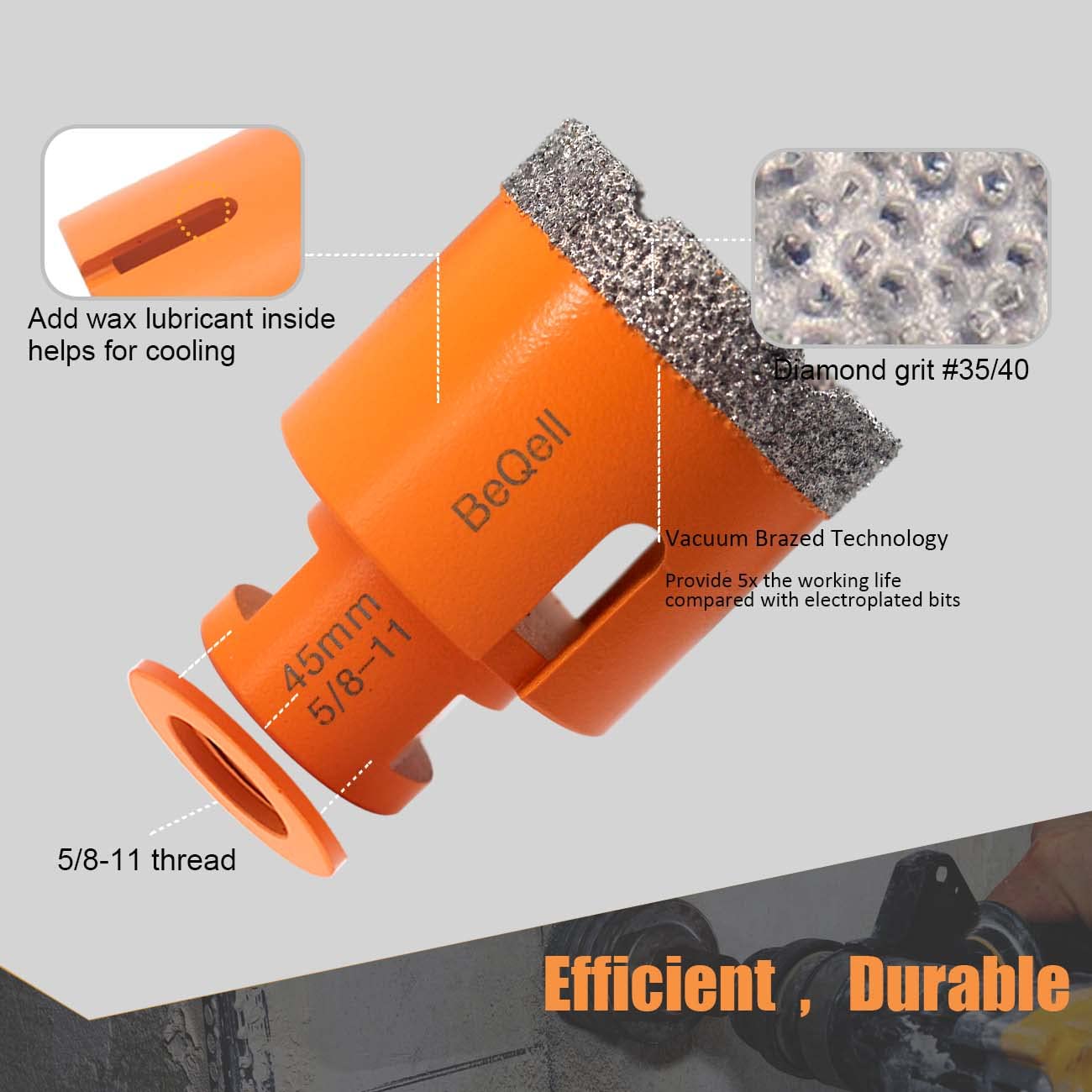BeQell 1-3/4" Diamond Core Drill Bit 45mm 5/8-11 Thread Diamond Hole Saw for Porcelain Tile Ceramic Marble Brick Granite Drilling & 3/8" Hex Shank Adapter