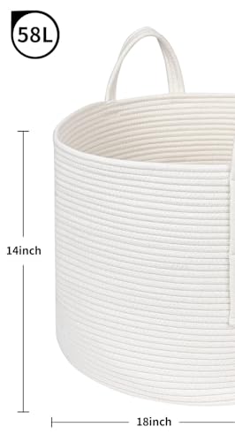 CubesLand Laundry Basket,Laundry Hamper Basket Bin for Laundry,Blanket Basket,Woven Rope Clothes Hamper,Blanket Basket for Living Room,Durable Soft Large Bin Basket with Handle,Round 58L Off White