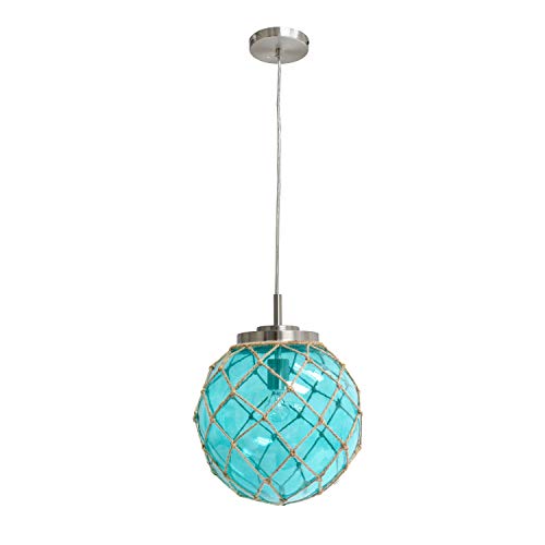 Elegant Designs PT1003-AQU Buoy Netted Brushed Nickel Coastal Ocean Sea Glass Pendant with Natural Rope, Aqua