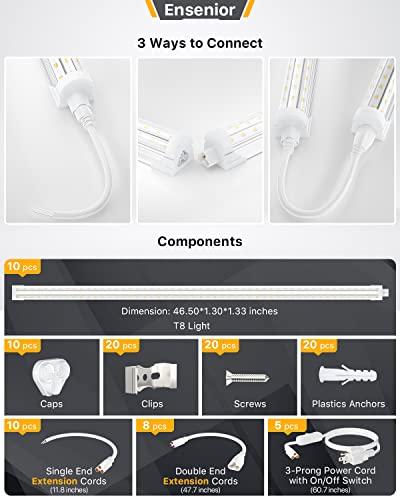 Ensenior 10 Pack 4 FT Led Shop Lights, 6000K Clear White, 5000LM Super Bright, 36W Equivalency 468W, Commercial Bay Lighting, U-Shaped Linkable Shop Lights Plug in for Garage, Workshop, FCC Certified