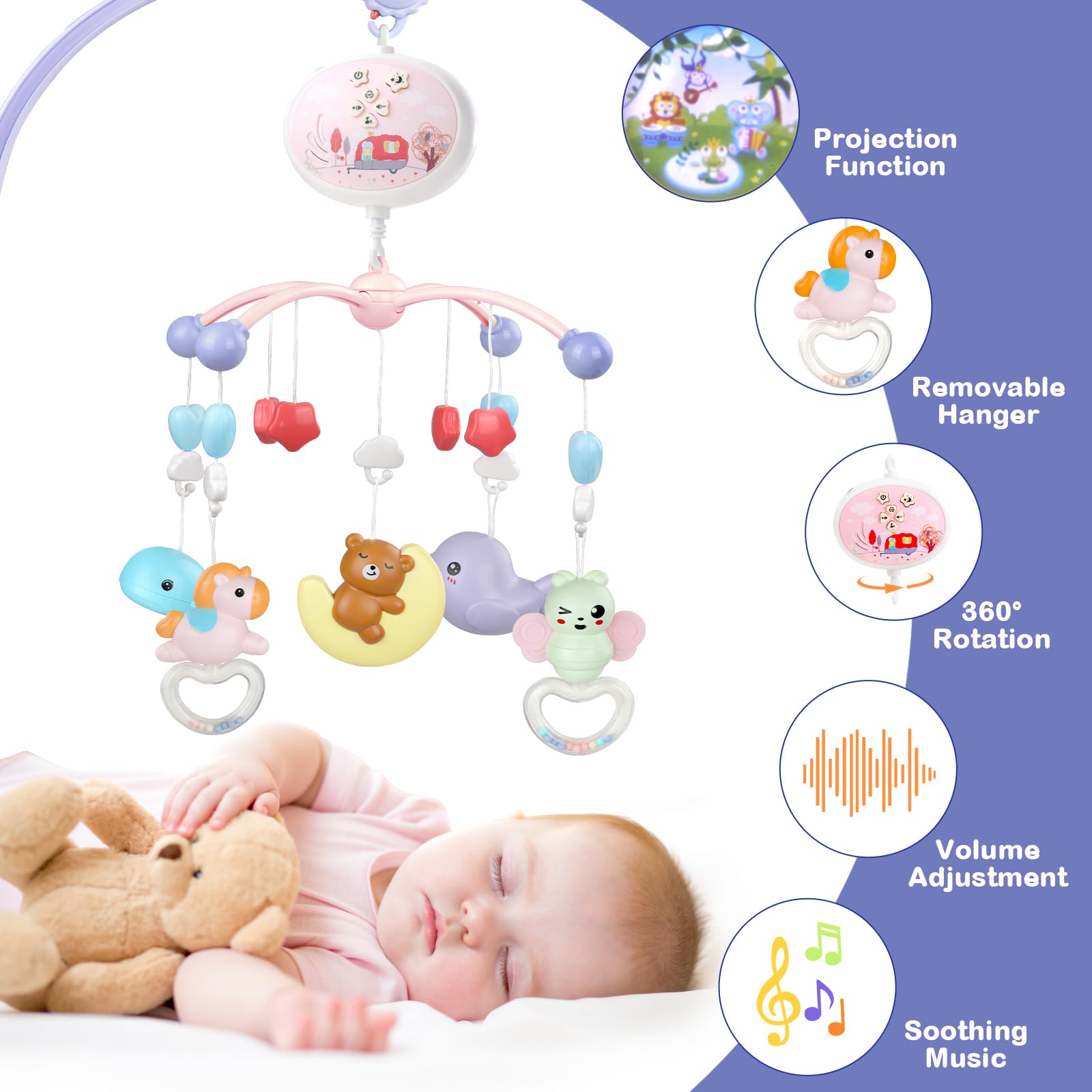 Baby Mobile for Crib Toys with Lights & Sooth Music, Light Moon Bear and Ceiling Projector, Musical Timer, Crib Toys for Babies Age 0M+ (Pink)