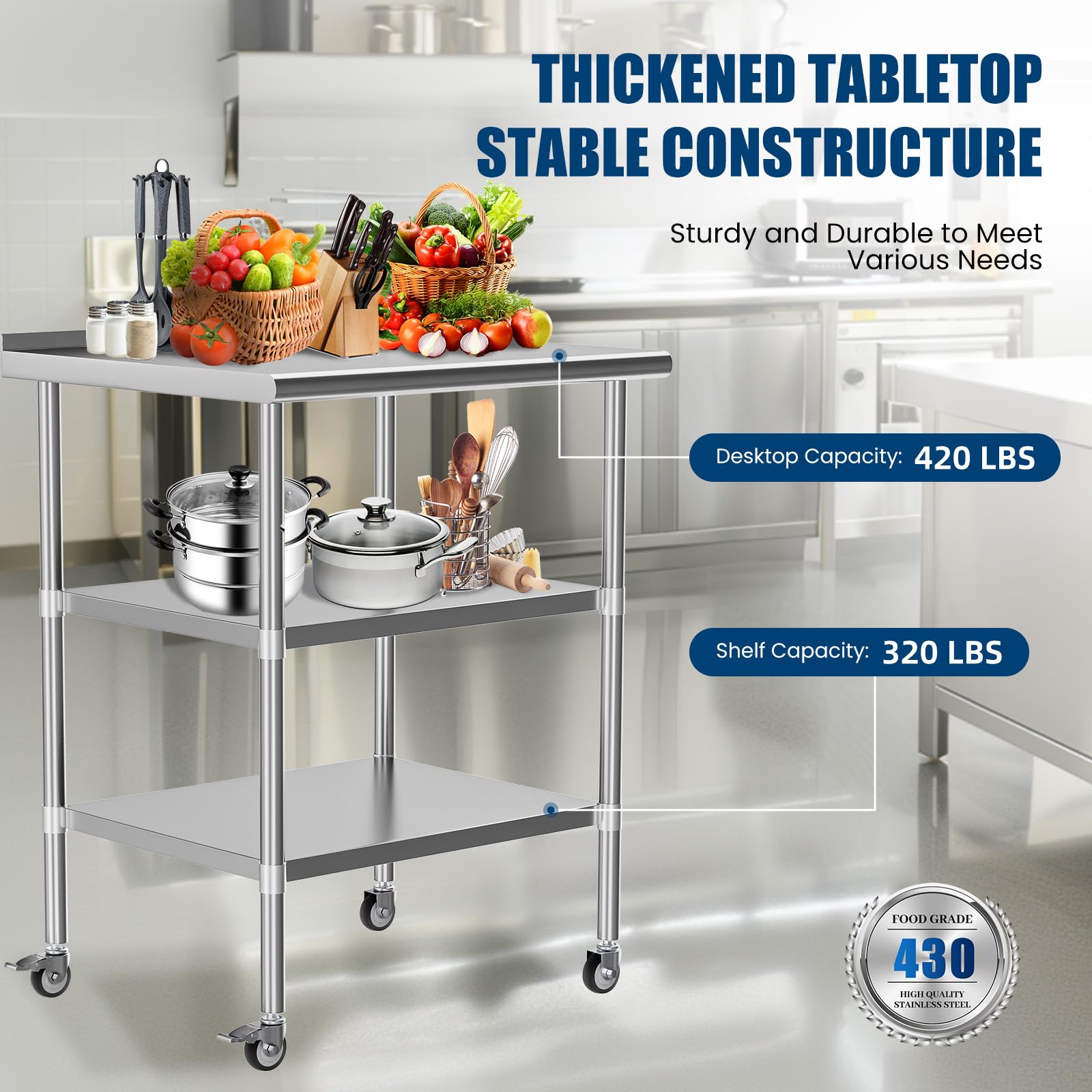 Chingoo Stainless Steel Table with Wheel Caster 24 x 36 Inches Metal Prep Table with 2 Adjustable Undershelves & Backsplash, Stainless Steel Work Table for Commercial Kitchen, Outdoor, Restaurant
