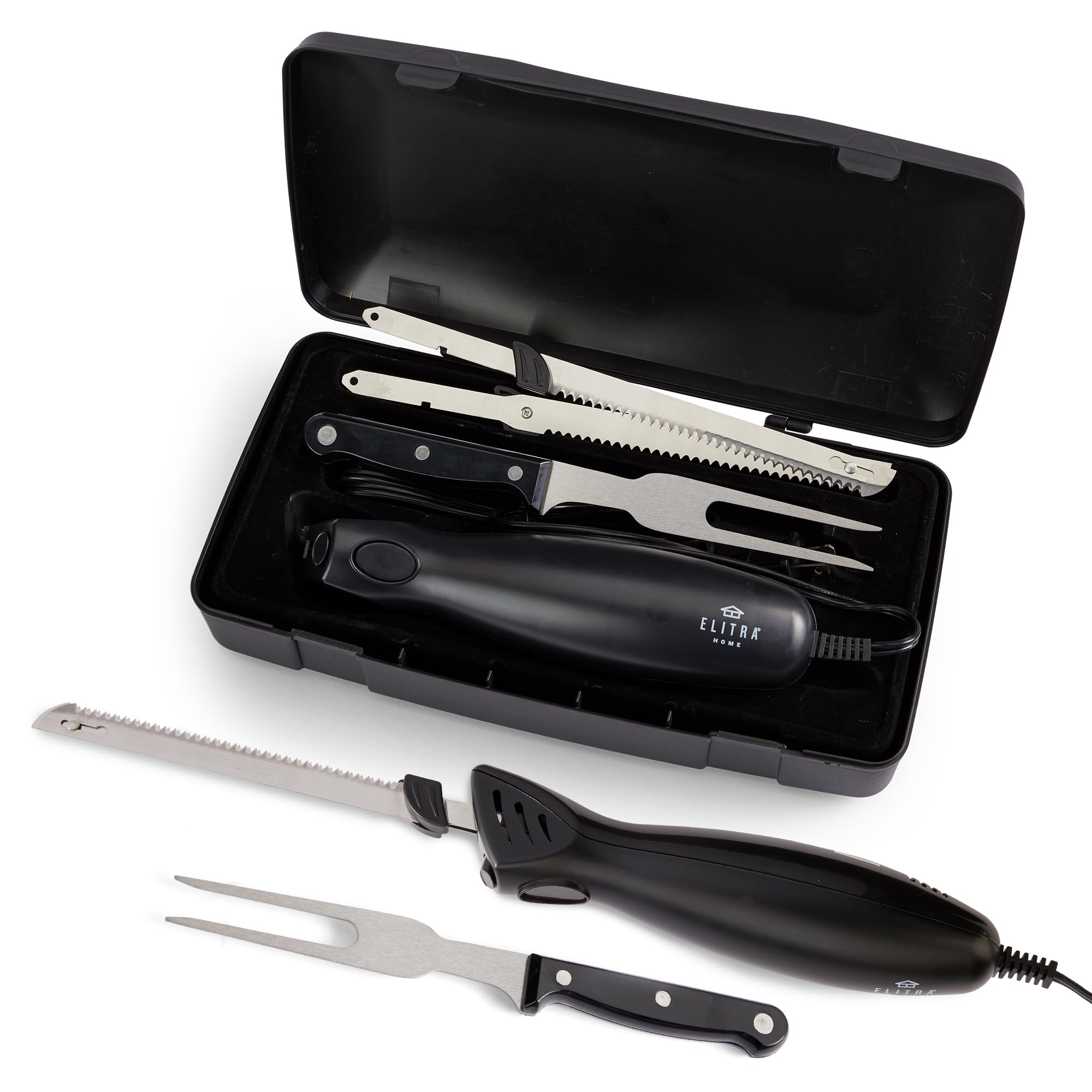 ELITRA HOME Professional Grade Electric Knife | Easy Slice Electric Kitchen Knife For Carving Meats, Bread, Turkey, and More | Stainless Steel Serrated Blade, Carving Fork, and Storage Case