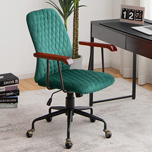 Giantex Home Office Desk Chair Green, Vintage Adjustable Swivel Rolling Chair with Copper Wheels & Armrest, Mid Century Leisure Chair, Velvet Upholstered Computer Chair for Work, Study