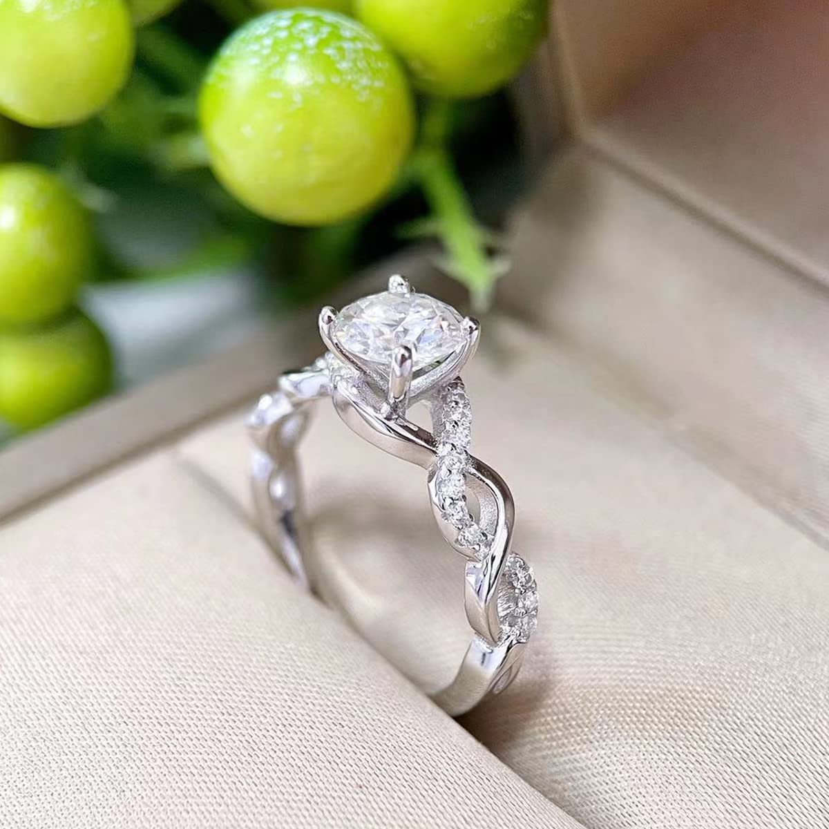 Auldey Engagement Rings For Women 1.2CT Twisted Platinum Plated Silver Ring Mossanite Wedding Ring for Her Size 6-9,7