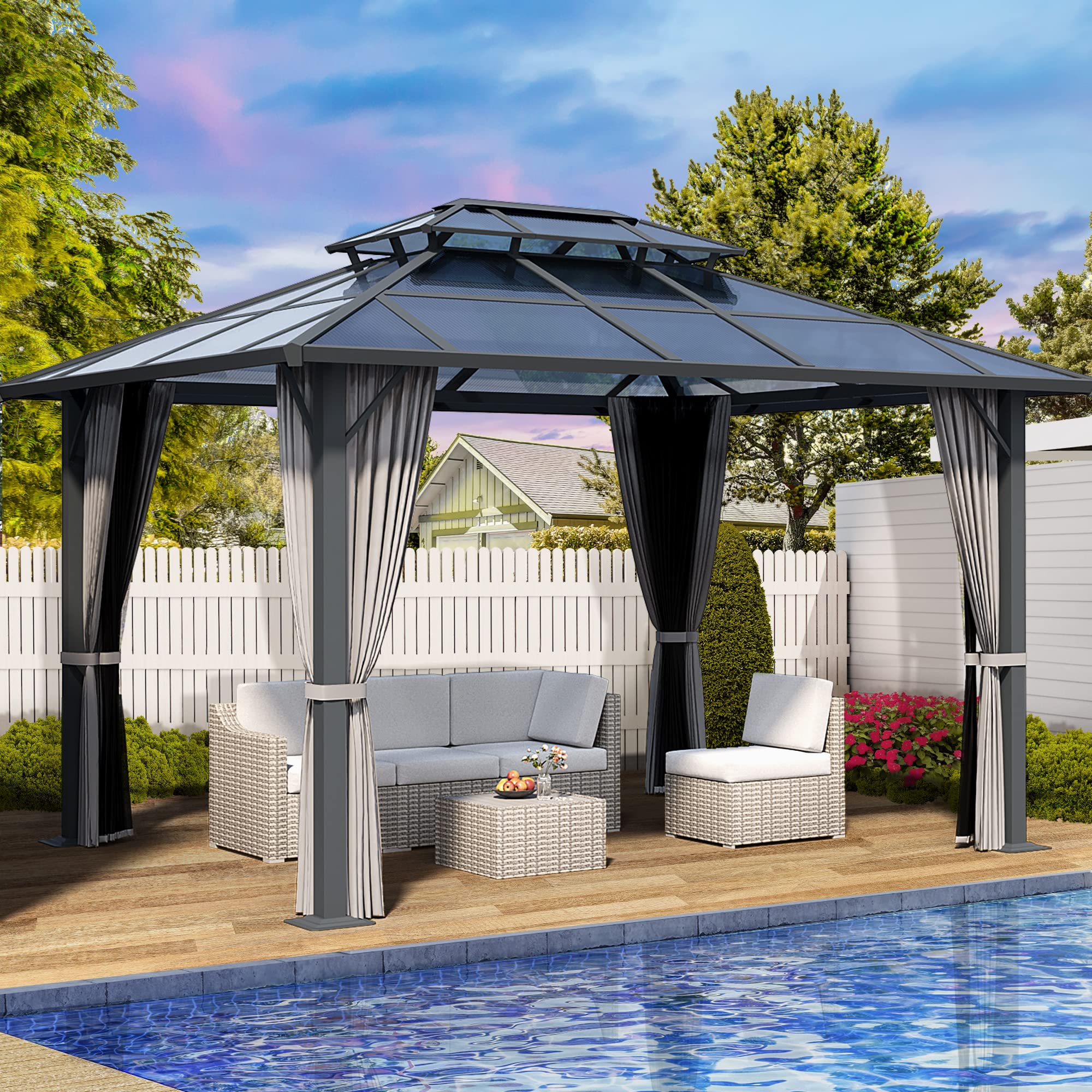 BACKYADOOR 10'x 12' Hardtop Gazebo, Outdoor Gazebo with Aluminum Frame, Double Roof Polycarbonate Gazebo with Netting and Curtains for Patio, Deck, Backyard (Gray)