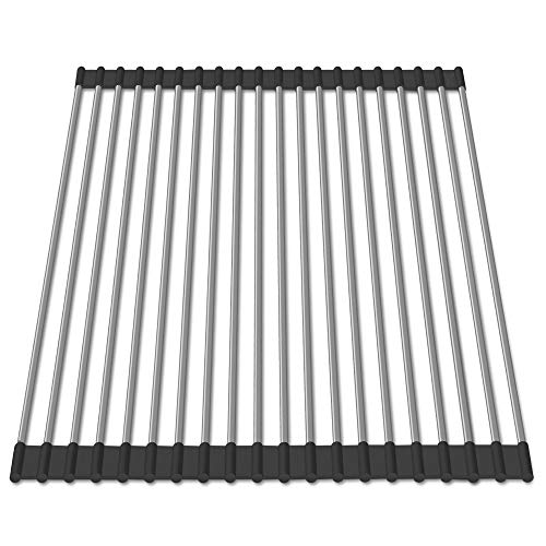 CANWELL 17"x15" Roll Up Dish Drying Rack, Premium 304 Stainless Steel Over Sink Kitchen Drainer Rack with Silicone Rims, Black