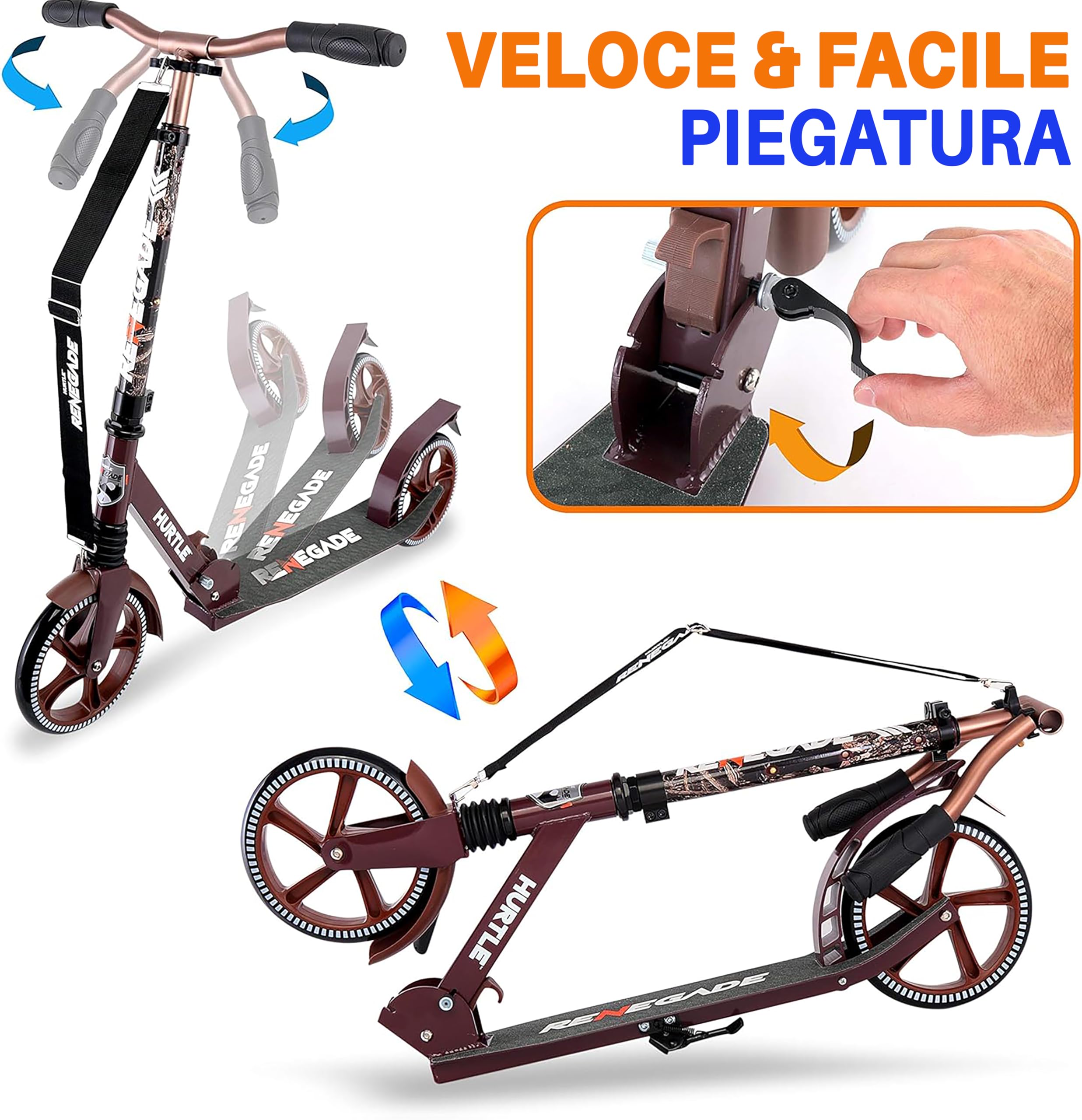Hurtle Renegade Kick Scooters for Kids Teenagers Adults- 2 Wheel Kids Scooter with Adjustable T-Bar Handlebar - Alloy Anti-Slip Deck - Portable Folding Scooters for Kids with Carrying Strap