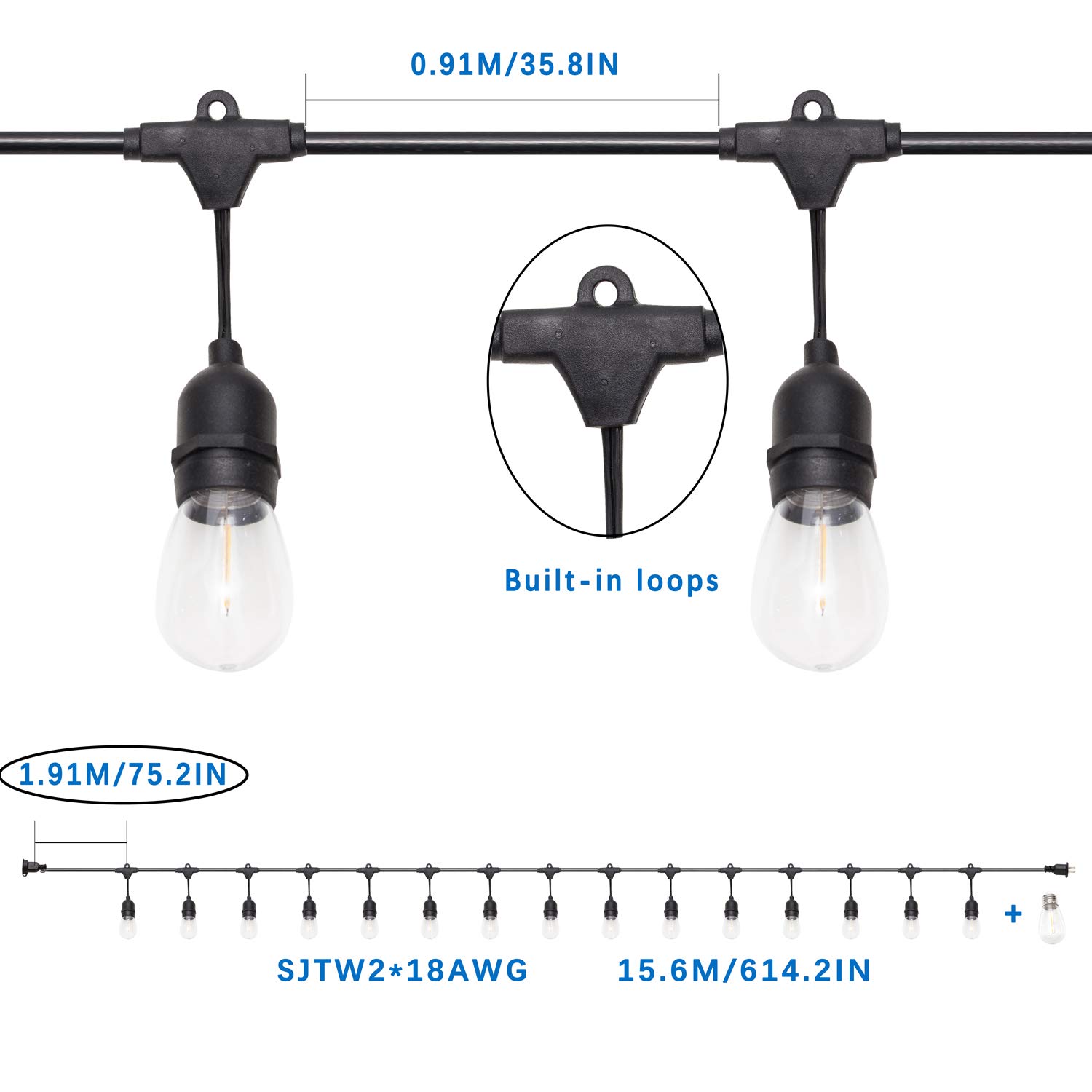 AUMGY String Light,led String Lights Outdoor, Patio Lights Outdoor, LED Light String Outdoor Waterproof Bulb Decoration 51 ft Adapter Power Supply Suitable for Garden (51.2, LED Light String)