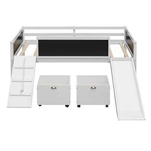 CITYLIGHT Low Loft Bed with Slide,Wood Twin Loft Bed for Kids,Loft Bed Twin with 2 Toy Boxes and Decorative Guardrail Chalkboard, Junior Loft Bed Frame for Girls Boys Toddler,White