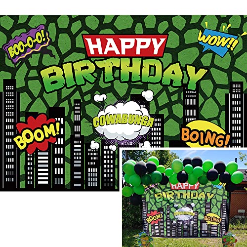 BINQOO 5x3ft Cartoon Birthday Backdrop Green American Comics Cityscape Buildings Photography Background Tortoise Boy Newborn Baby Shower Kids Decor Photo Booth Prop