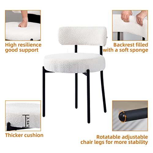 DYHOME White Dining Chairs Set of 2, Mid-Century Modern Dining Chairs, Kitchen Dining Room Chairs, Curved Backrest Round Upholstered Boucle Dining Chair with Black Metal Legs