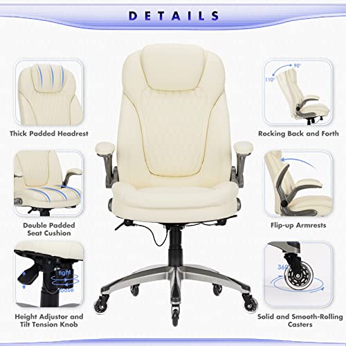 COLAMY 6686 High Back Executive Ergonomic Computer Desk Padded Flip-up Arms, Thick Bonded Soft Leather, Modern Office Chair with Upgraded Casters for Swivel Rolling (Ivory, 300lbs)