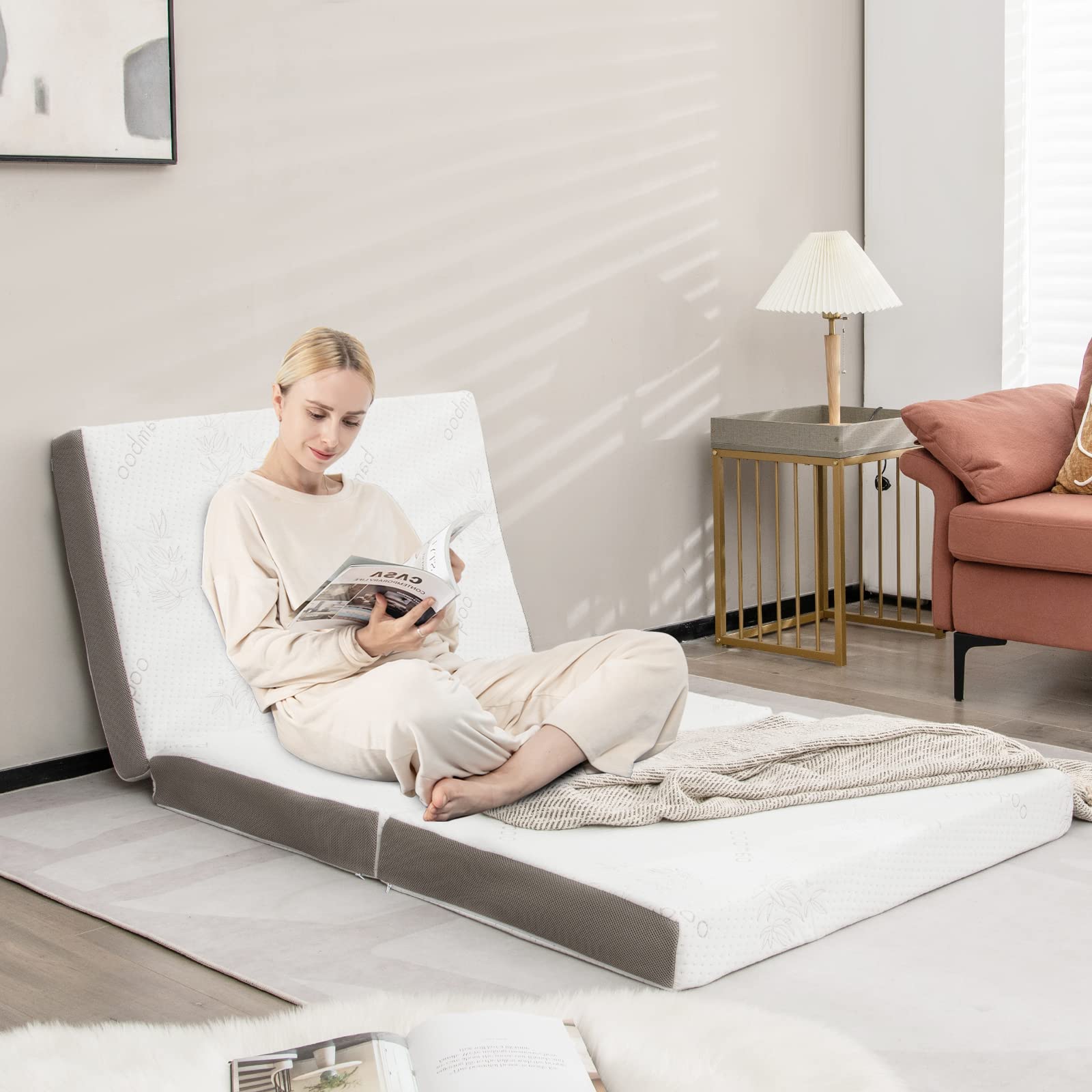 GOFLAME Memory Foam Tri-Fold Mattress, 4β Foldable Floor Mattress with Storage Bag & Removable Cover, Cool Gel Memory Mattress with Bamboo Fabric for Guest Room, Living Room, RV, Camp (Twin XL)