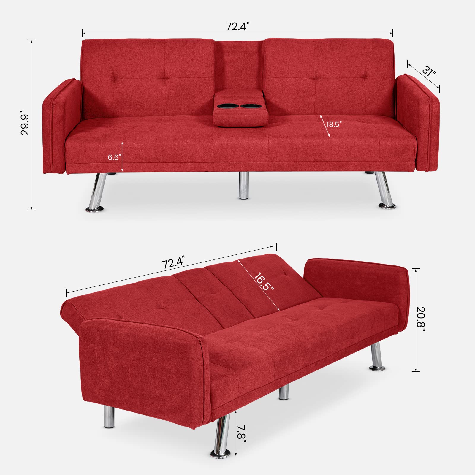 AWQM Futon Sofa Bed,Modern Upholstered Convertible Folding Sleeper Sofa,Recliner Futon Couch Bed with Armrests 2 Cup Holders,for Living Room,Apartment,72.4" L x 18.5" D x 29.9" H,Red