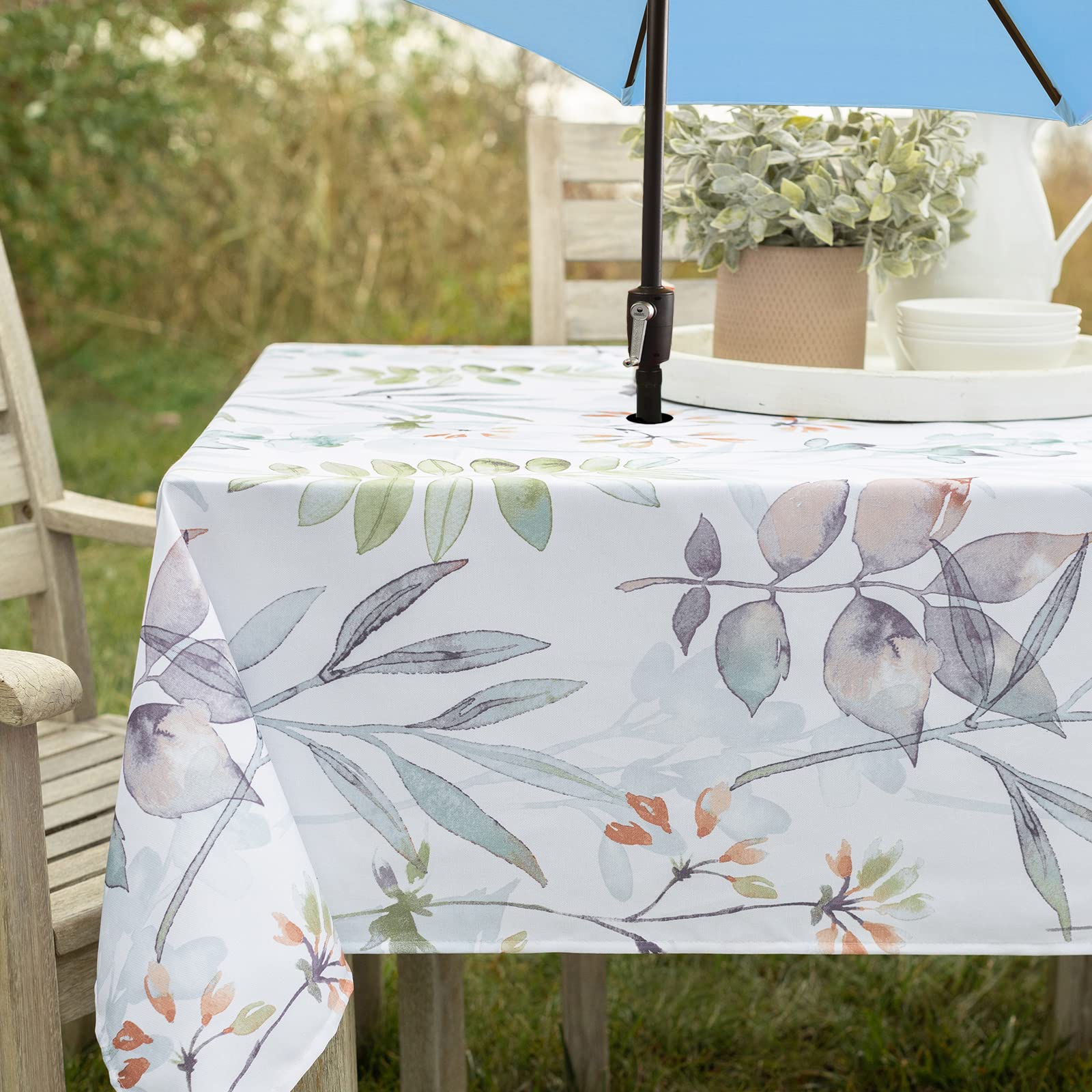 Benson Mills Spillproof Spring/Summer Fabric Outdoor Tablecloth with Umbrella Hole, Zippered Table Cloth for Rectangle Tables, Picnic/Patio Table (60" x 84" Rectangular with Umbrella Hole, Botanica)