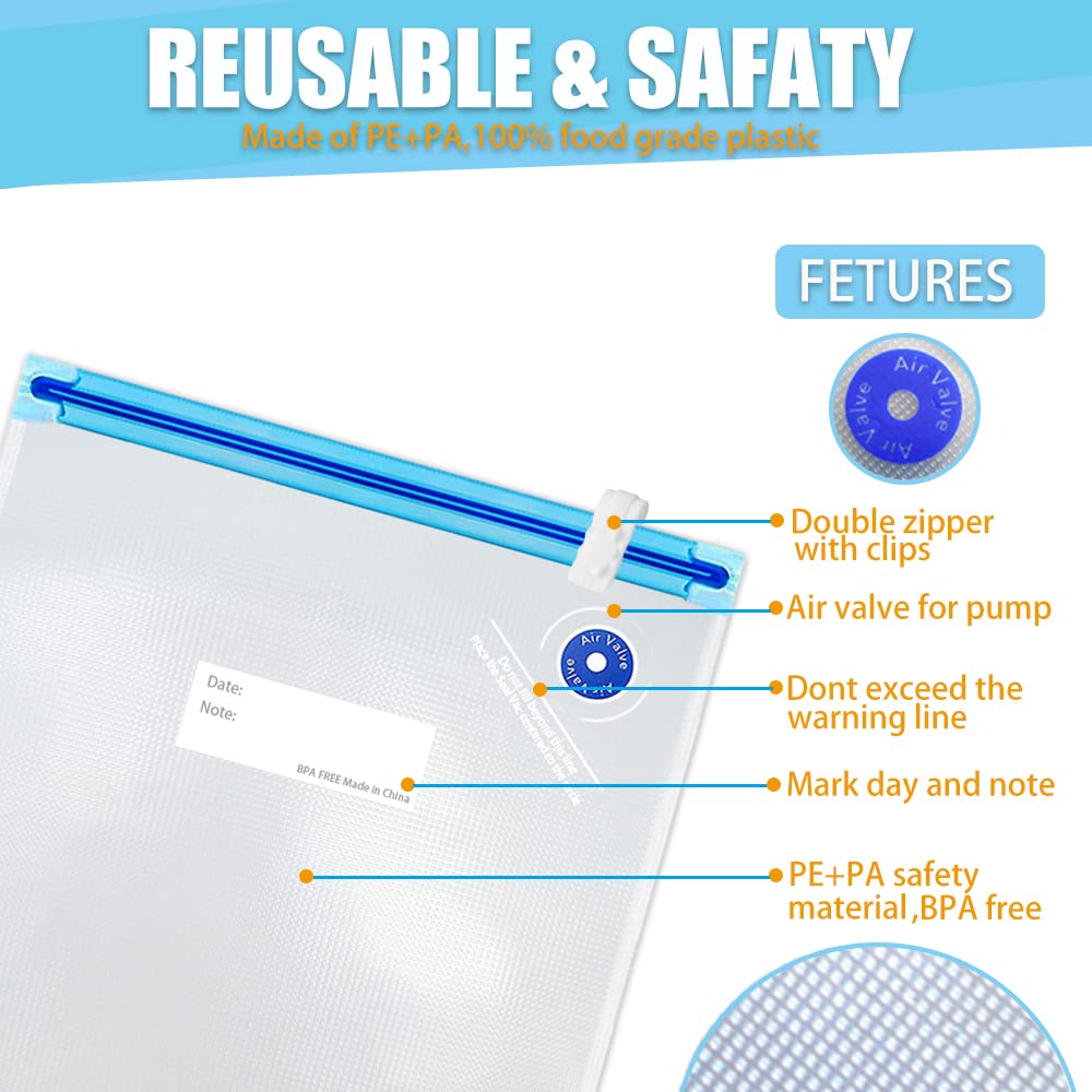 Daarcin 3 Size 40pcs Sous Vide Bags BPA Free Reusable Vacuum Sealer Bags Kit Keep Food Flesh with 1 Vacuum Hand Pump and 2 Sealing Clips