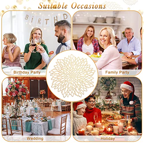 CHENGU 24 Pcs Round Pressed Vinyl Placemats Metallic Place Mat Coaster Set Including Placemats and Coasters Non Slip Heat Resistant Washable Table Mats for Dining Table Kitchen Decoration (Gold)