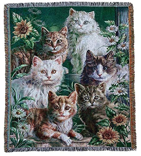 EZ.enjoy Garden Cat Flower Woven Tapestry Throw Blanket with Fringe 50X60 inches